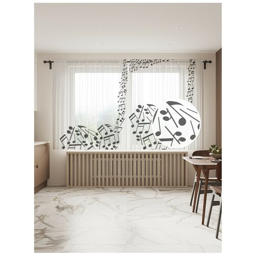 Тюль для кухни и спальни JoyArty "Романтические ноты", 2 полотна со шторной лентой шириной по 145 см, высота 180 см. Серый, черный, белый