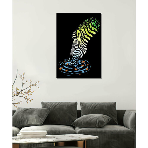 Картина - Зебра, зебра арт, полосатая зебра, зебра иллюстрация, зебра графика, зебра на черном фоне (13) 20х30