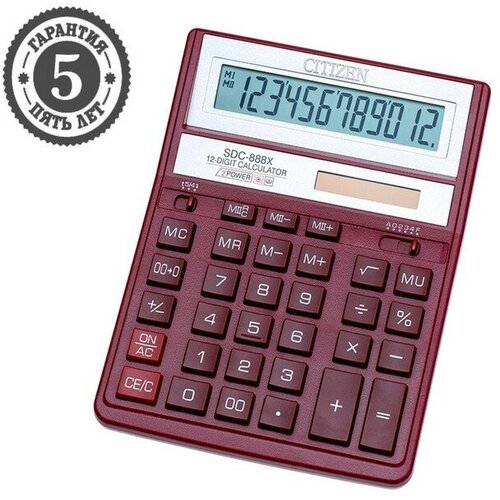 Калькулятор настольный Citizen "SDC-888XRD", 12-разрядный, 158 х 203 х 31 мм, двойное питание, красный, материал пластик