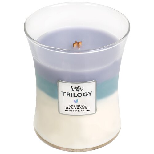 Свеча WoodWick Trilogy Calming Retreat (Lavender Spa, Sea Salt & Cotton, White Tea & Jasmine) (92965), средняя, белый/голубой/фиолетовый