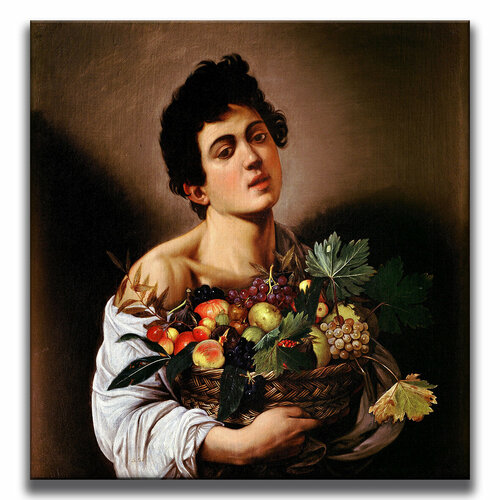Картина для интерьера на холсте Караваджо Микеланджело «Юноша с корзиной фруктов» 60х62, холст натянут на подрамник