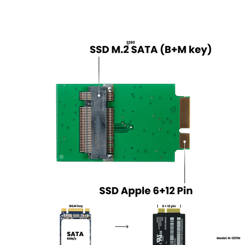 Адаптер-переходник для установки накопителя SSD M.2 SATA (B+M key) в разъем Apple SSD (6+12 Pin) на MacBook Air 11" A1370 / 13" A1369, 2010 - 2011