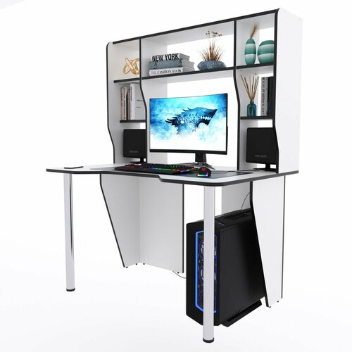 Компьютерный стол "Старк" с большой надстройкой, 140х90х152,6 см, белый с чёрной кромкой