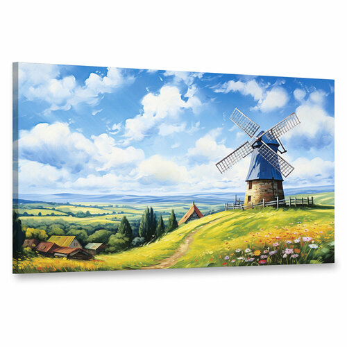 Интерьерная картина 100х60 "Пейзаж с ветряной мельницей"