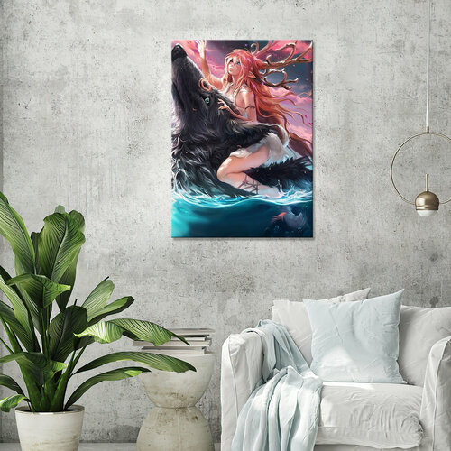 Интерьерная картина на холсте - Девушка в море на волке 60х80