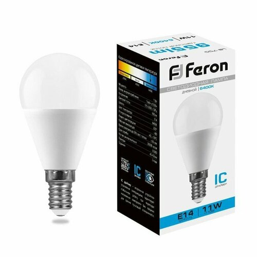 Лампа светодиодная FERON, G45, 11 Вт, E14, 955 Лм, 6400 К, 220°, 92х45, холодный белый (комплект из 6 шт)