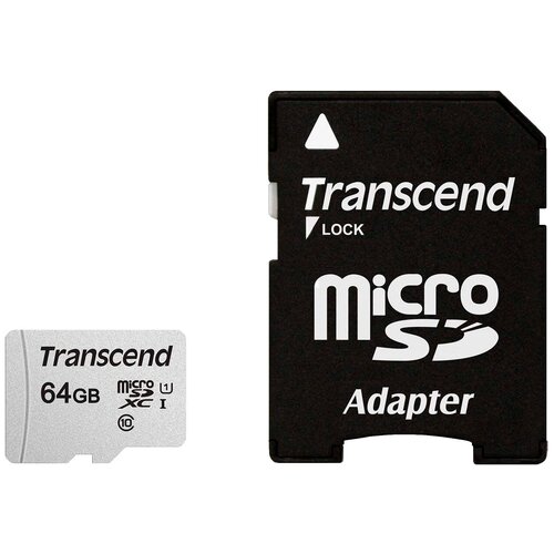 Карта памяти Transcend microSDXC 64 ГБ Class 10, V10, UHS-I, R/W 100/25 МБ/с, адаптер на SD, 1 шт., серебристый