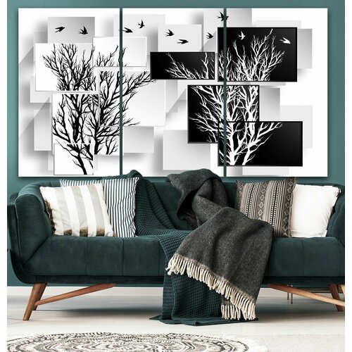 Модульная картина для интерьера на стену на натуральном холсте "Черно-белые деревья / Абстракция" 100х180см ТРБ-0249