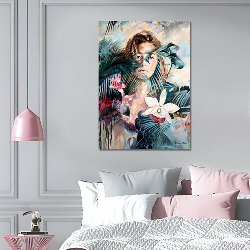 Картина интерьерная-Девушка с экзотическими цветами акварель арт 40х55