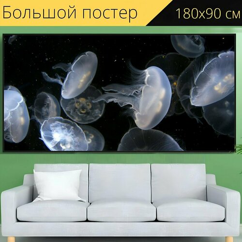 Большой постер "Медуза, аквариум, подводный" 180 x 90 см. для интерьера