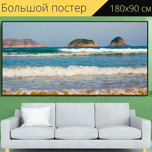 Большой постер "Пляж, волны, острова" 180 x 90 см. для интерьера