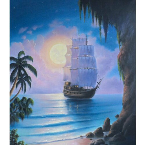 Картина маслом ручной работы "Таинственный остров", холст 50х60 см, для интерьера, корабль