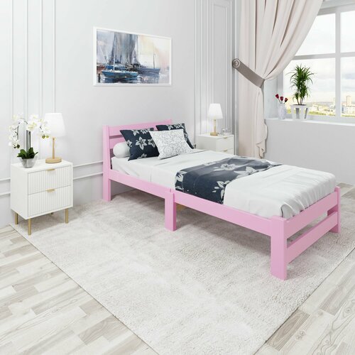Кровать односпальная Мишка Компакт сосновая с реечным основанием, цвет розовый, 100х200 см