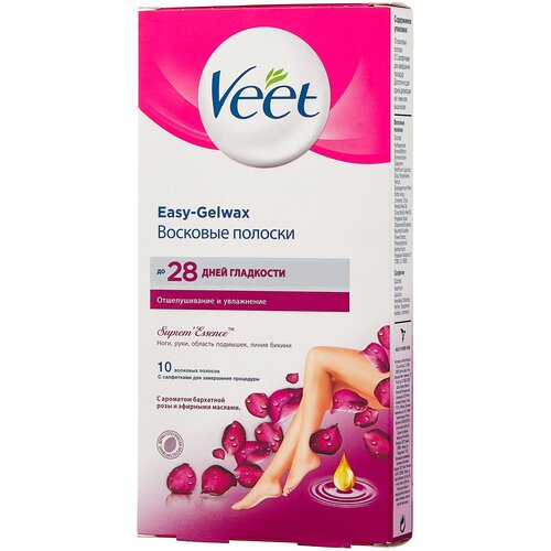 Veet Восковые полоски Easy Gelwax Suprem'Essence с ароматом бархатной розы и эфирными маслами 30 г 10 шт.