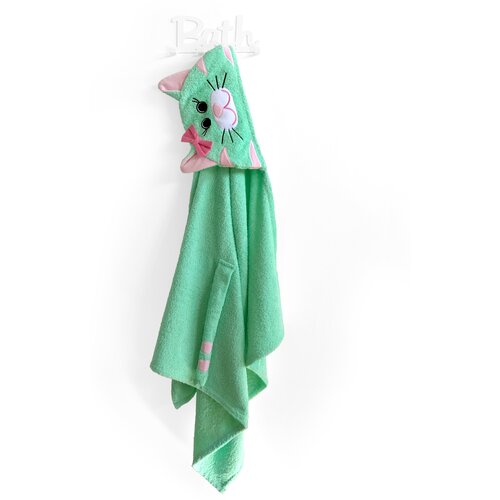 Полотенце банное с капюшоном Fluffy Bunny Кошка, цвет Светло-зеленый, Размер 122Х68см, 100% хлопок, 380гр/м2