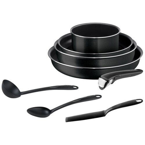 Набор посуды со съемной ручкой Tefal Ingenio Black 04238850, 8 предметов: ковш 16см, сковороды 24, 26, 28 см, кухонные аксессуары, с индикатором температуры и антипригарным покрытием, для газовых, электрических плит