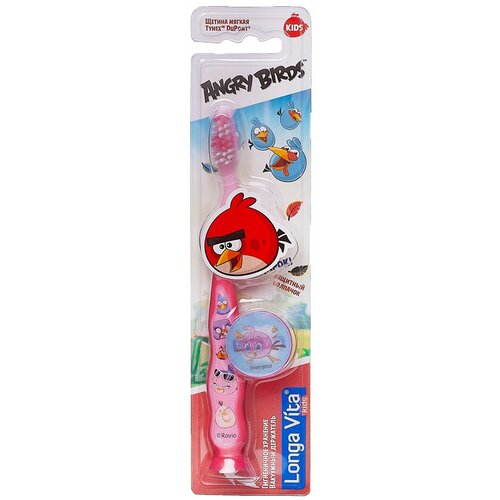 Зубная щетка Longa Vita Angry Birds детская с защитным колпачком, присоской от 5-и лет розовая
