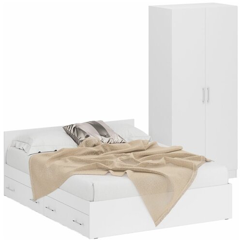 Кровать с ящиками СВК 1600 + Шкаф 2-х створчатый Стандарт Белый