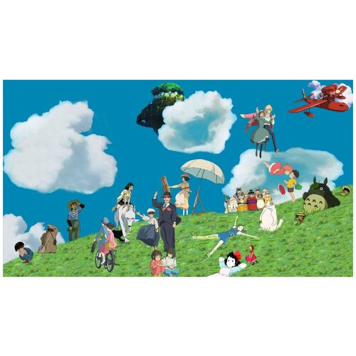 Постер / Плакат / Картина Мир Хаяо Миядзаки - Персонажи на поляне 60х90 см в раме