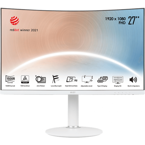 MSI Монитор LCD 27' [16:9] 1920х1080(FHD) VA, Curved, nonGLARE, 75 Hz, 250 cd/m2, H178°/V178°, 3000:1, 100M:1, 16.7M, HDMI, USB-C, Height adj, Tilt, Swivel, Speakers, 1Y, White