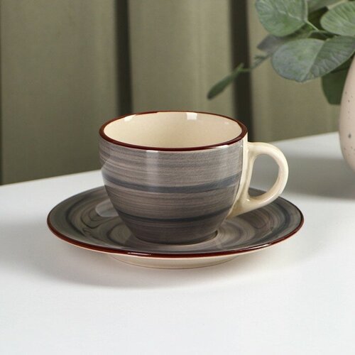 Доляна Чайная пара керамическая Доляна «Морской мир», 2 предмета: чашка 200 мл, блюдце d=14,5 см, цвет коричневый