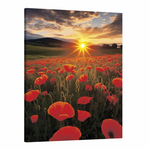 Интерьерная картина 50х70 "Пейзаж с солнцем, лугом и цветущими маками"