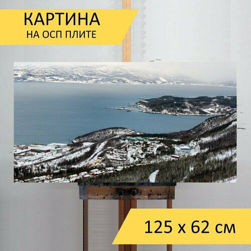 Картина на ОСП 125х62 см. "Фьорд, снег, пейзаж" горизонтальная, для интерьера, с креплениями