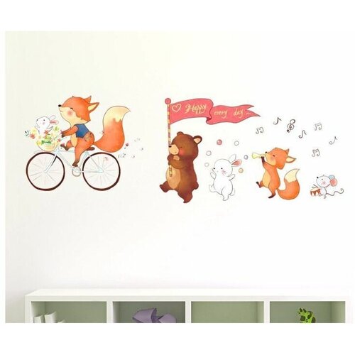 Комплект наклеек на стену Парад зверюшек лисичка на велосипеде, мишка, лисичка с дудочкой, зайчик и мышь