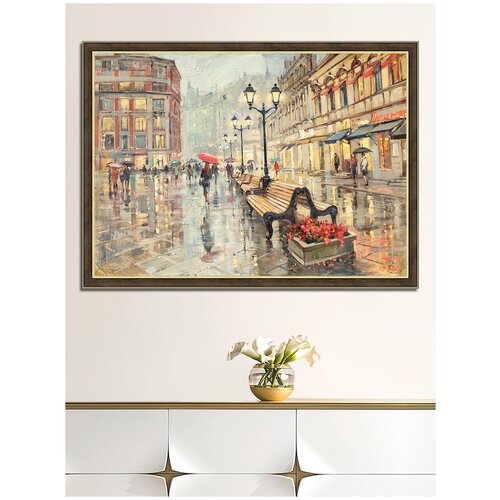 Картина на стену для интерьера "Кузнецкий мост", 57х77 см, на бумажном холсте, в раме, большая, в гостиную, городской пейзаж, Москва/Графис
