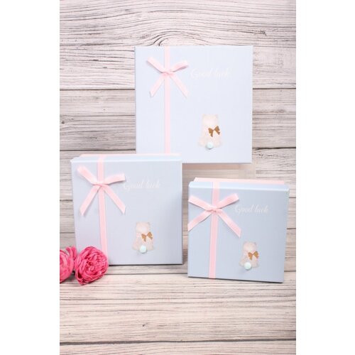 Набор подарочных коробок, голубой/розовый, (Мишка с хвостиком), 21х21х9см