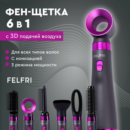 Фен щетка для волос с 6 насадками FELFRI серая / Стайлер для волос / Фен для волос / Мультисталер / Фен