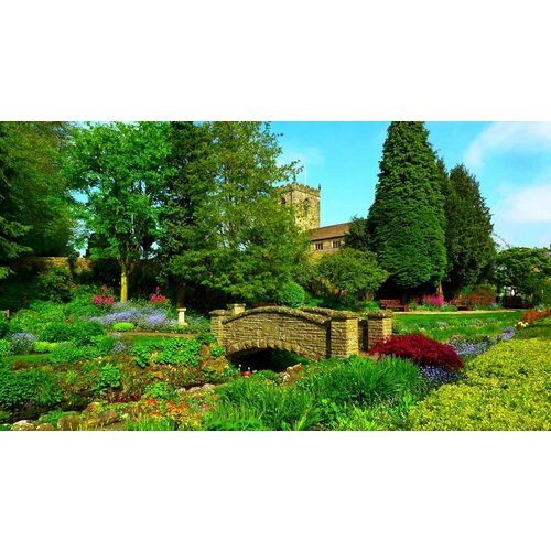 Картина на холсте 60x110 LinxOne "Лето сад замок мост цветы" интерьерная для дома / на стену / на кухню / с подрамником