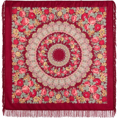 Платок Павловопосадская платочная мануфактура,146х146 см, зеленый, розовый