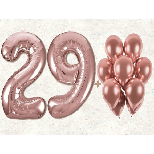 Набор воздушных шариков цифра " 29 " размер 102 см и 10 хромированных шаров 30 см, розовое золото