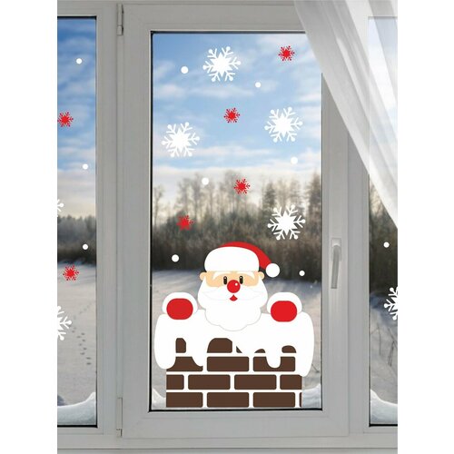 Наклейки новогодние украшения на окно Дед Мороз в трубе Lisadecor