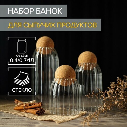 Набор банок стеклянных для сыпучих продуктов «Эко», 3 предмета: 400/700/1000 мл, 8,8×10см/8,8×15см/8,8×20см