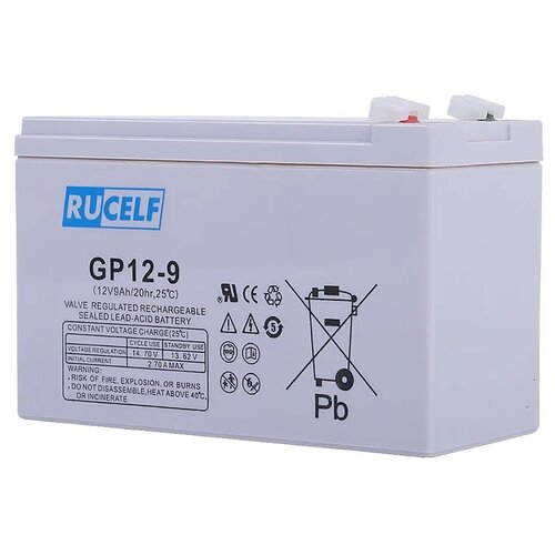 Аккумулятор свинцово-кислотный 12V 9Ah RUCELF GP12-9 батарея для ИБП и UPS, пожарной/охранной сигнализации, видеонаблюдения, освещения, детского электромобиля, эхолота, касс