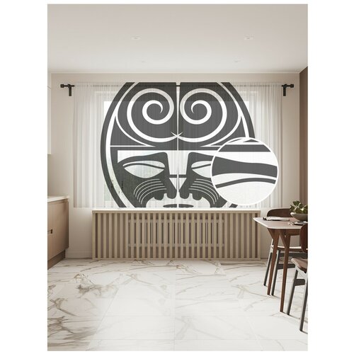 Тюль, фототюль короткий JoyArty "Ацтекская маска" высота 180 см, ширина 145 см (2 полотна) на шторной ленте, крючки в комплекте