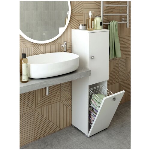 Шкаф для ванной комнаты, REGENT style, вштвиола 1дверь и 1корзина, белый, правый, 115*30*30