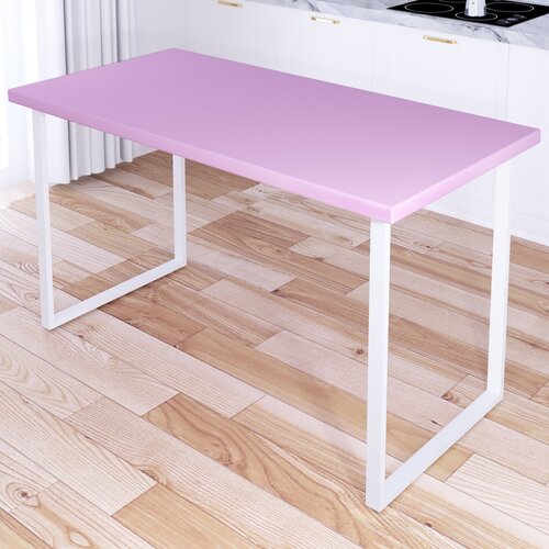 Стол кухонный Loft с розовой столешницей из массива сосны 40 мм и белыми металлическими ножками, 140х70х75 см