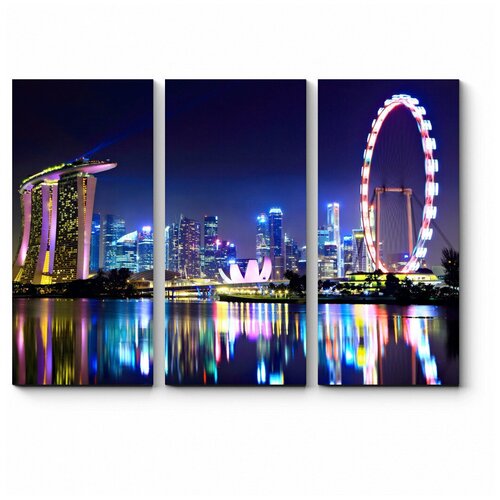Модульная картина Огни ночного Сингапура в отражении Марина Бэй 130x93