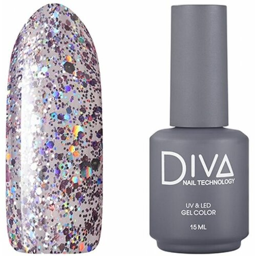 Гель лак для ногтей с блестками Diva Nail Technology плотный, светлый, сиреневый, 15 мл