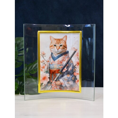 Постер интерьерный, коты самураи в японском стиле, кот воитель Кичи, плакат настольный в стеклянной рамке 13 x 18 см