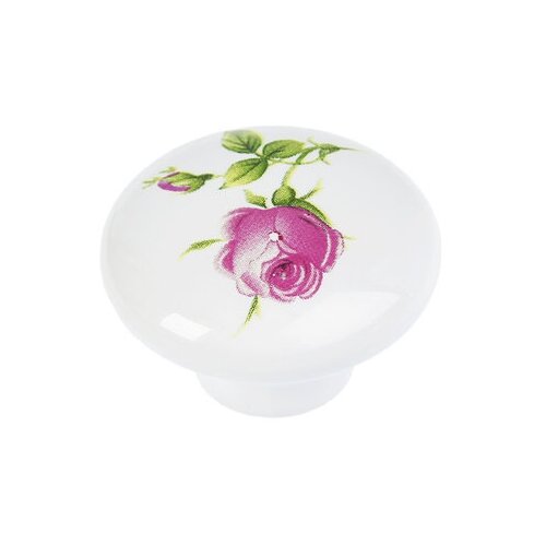 Тундра Ручка кнопка FLOWER Ceramics 004, d=38, керамическая, белая с рисунком