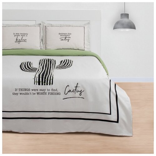 Комплект постельного белья Этель Кактус, евростандарт, ранфорс, бежевый/зеленый