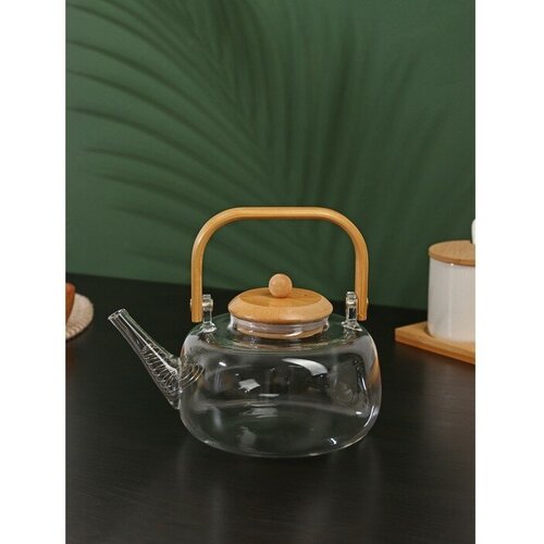 Чайник стеклянный заварочный с бамбуковой крышкой и металлическим фильтром BellaTenero "Эко. Бабл", 1,2 л, 20х15х19 см
