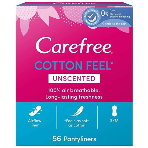 Ежедневные прокладки Carefree СOTTON FEEL UNSCENTED, женские гигиенические 100% дышащие, мягкие, 56 штуки, 1 упаковка