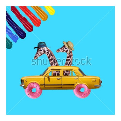 Постер Смешной коллаж с двумя жирафами в шляпах, путешествующих на жёлтой машине с колёсами-пончиками 40см. x 40см.
