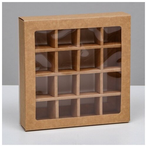 Коробка складная под 16 конфет с окном, крафт, 17,7 х 17,7 х 3,8 см 7904581