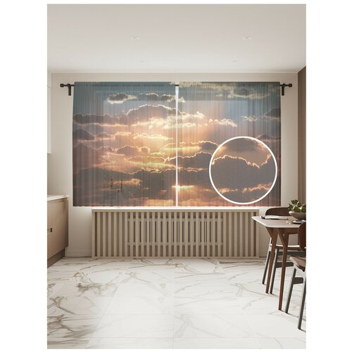 Тюль для кухни и спальни JoyArty "Облачные загадки", 2 полотна со шторной лентой шириной по 145 см, высота 180 см.